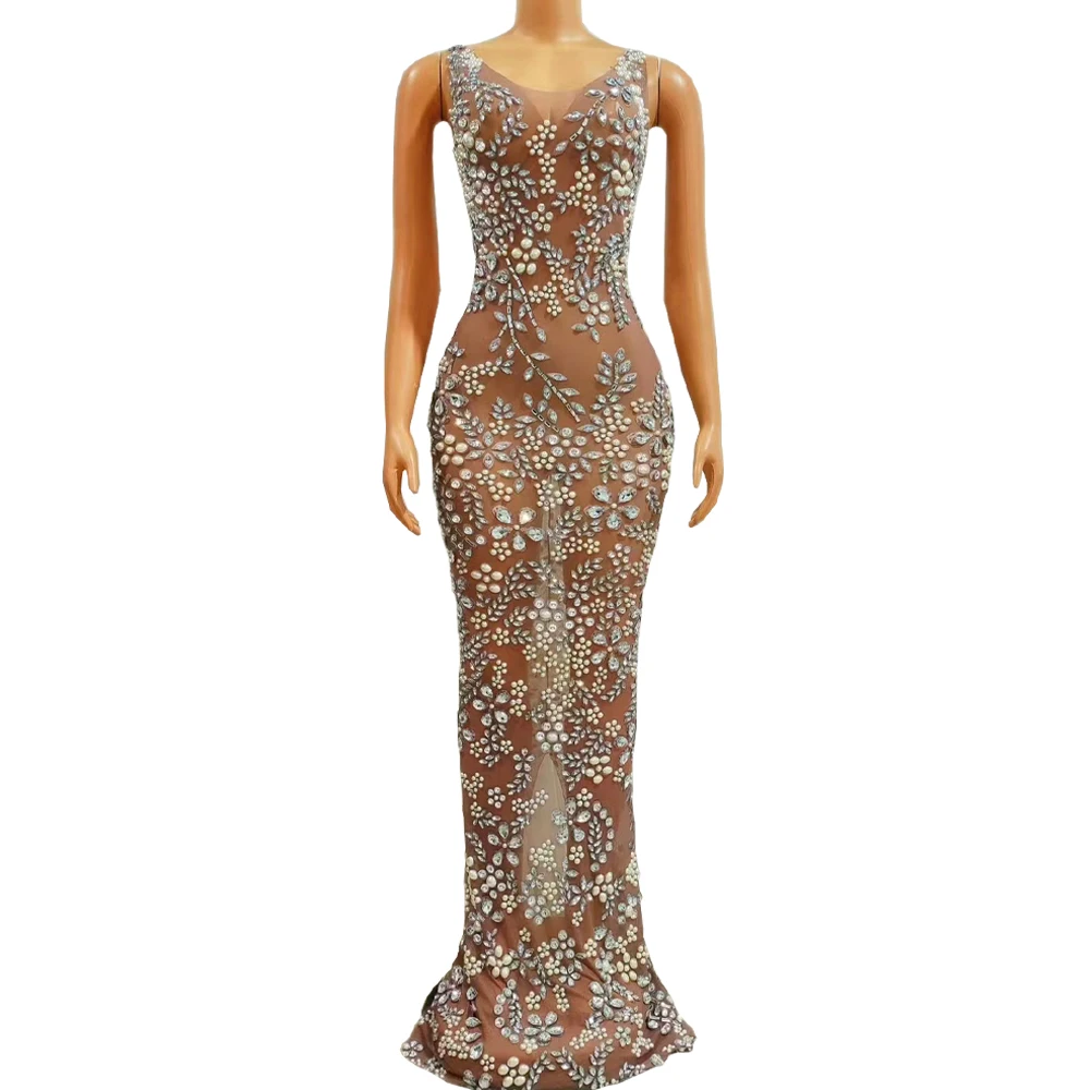 Sexy Sparkly Rhinestones Mesh Long Dress Women Wedding Birthday Party ...