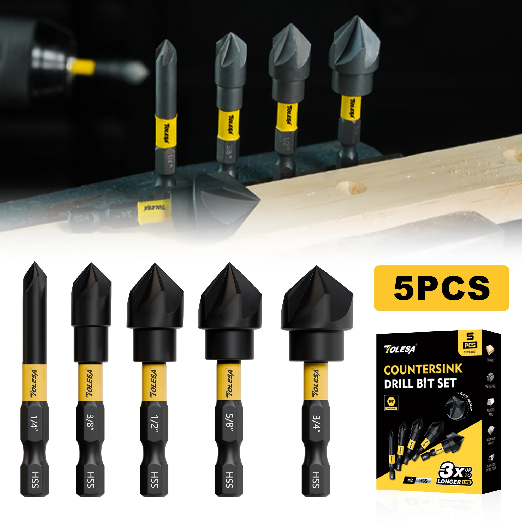 TOLESA 5PCS Countersink Drill Bit Set for Metal, 1/4 Inch Hex Shank ...