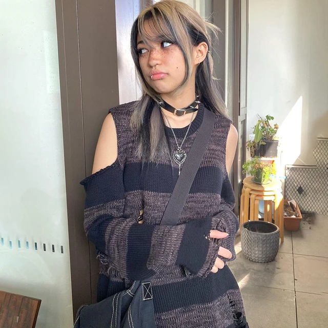 Dourbesty Goth Mall Punk Style 2000s Sweater y2k Dark Academia Cutout Shoulder Long Sleeve Tops ...