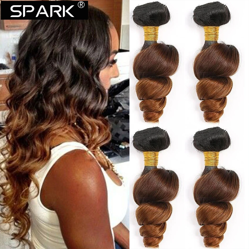 Spark Brazilian Bouncy Curly Human Hair Bundles 1/3/4pcs Ombre Medium ...
