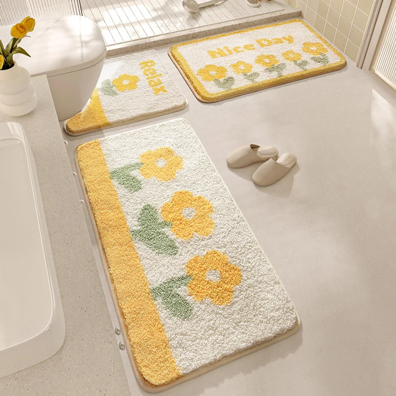 Yellow-Flower-Bath-Mat-Set-Thick-Flocking-Microfiber-Bathroom-Carpet ...