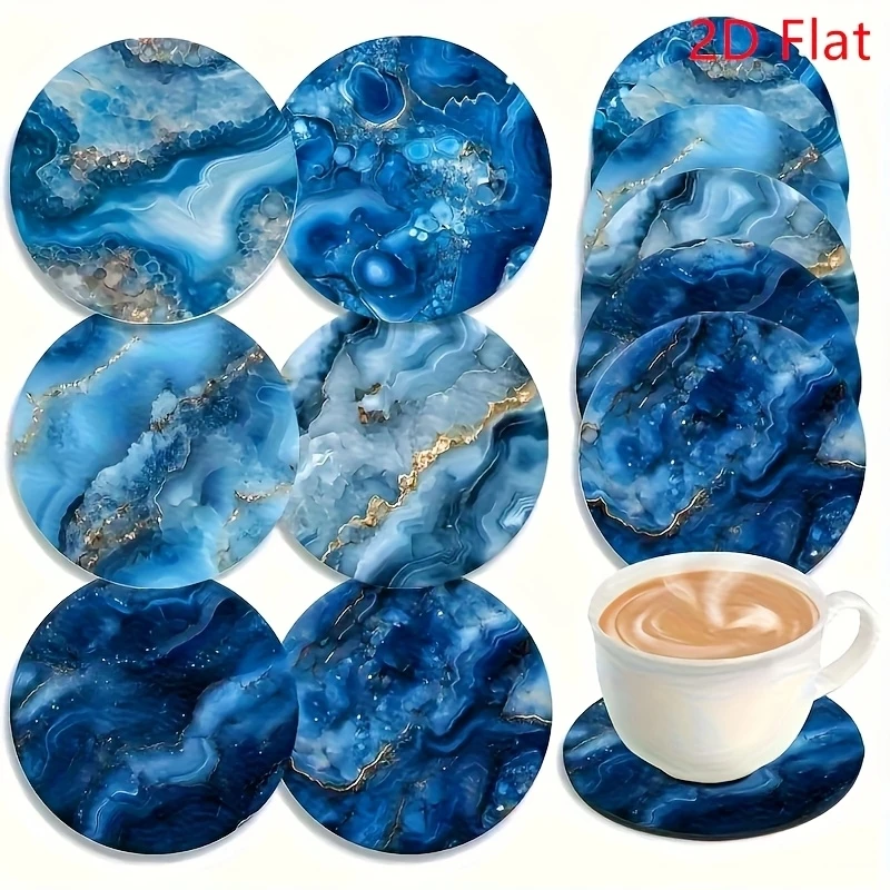 2D Flat 6pcs Blue Ocean Pattern Wooden Coasters Set Perfect for Patio ...