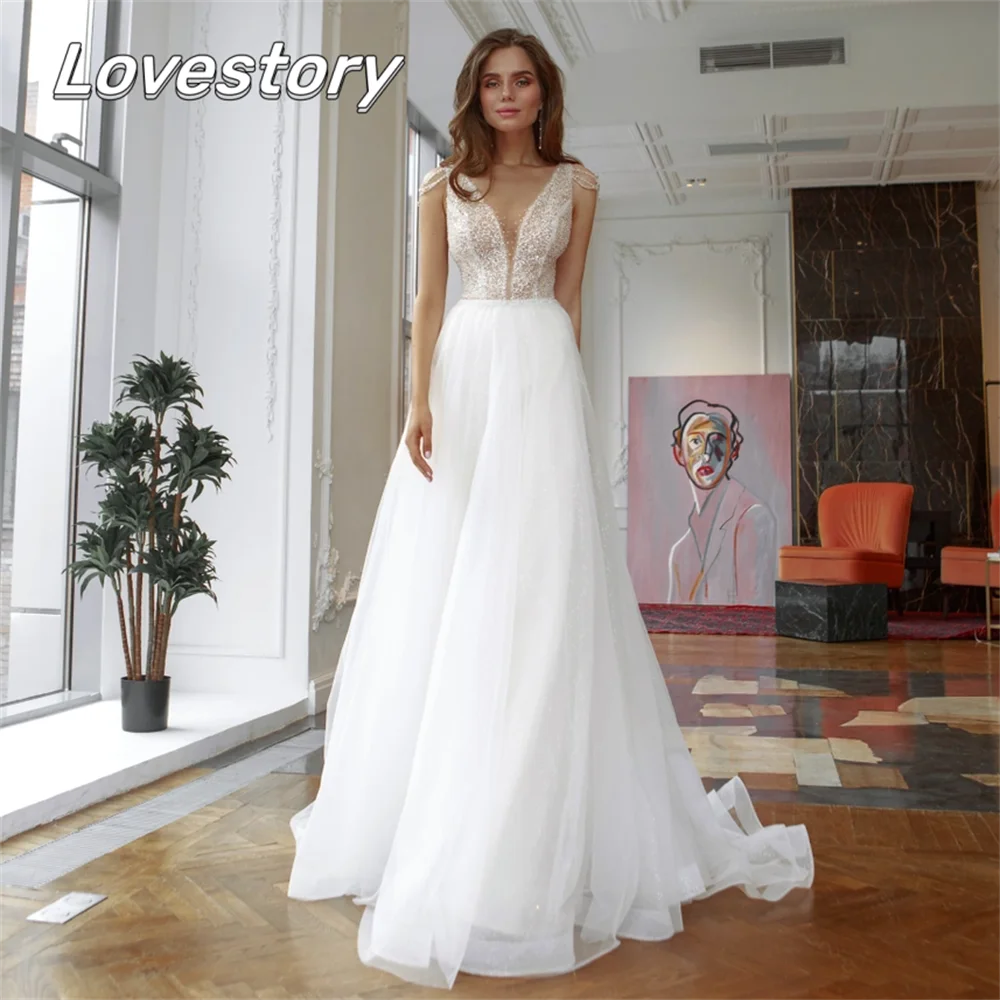 Exquisite Modern A Line Wedding Dresses Sleeveless V Neck Bridal Gowns ...