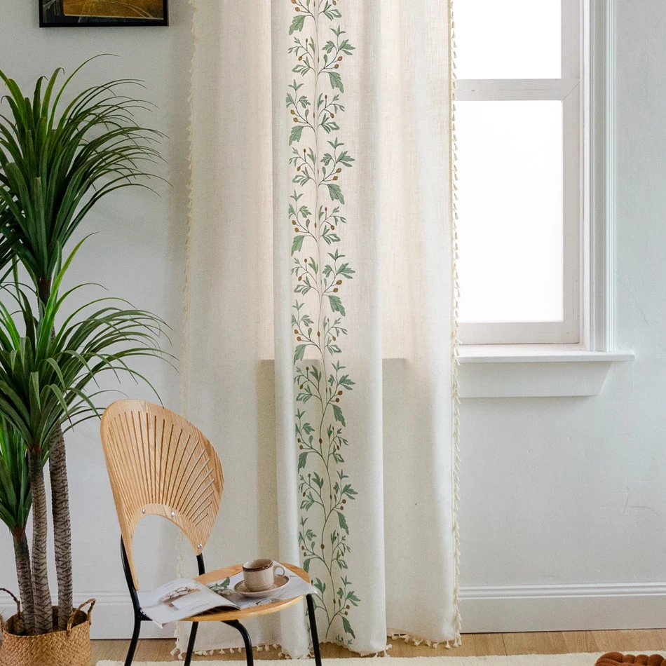 Cotton Linen Embroidery Curtains Road Pocket Shade Curtain Tassel for ...