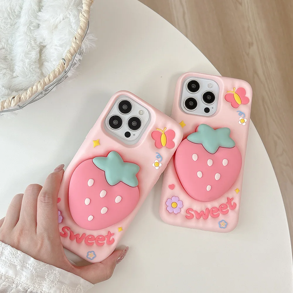 3D Sweet Strawberry Bracket Case For iPhone 16 15 14 13 12 Pro Max ...