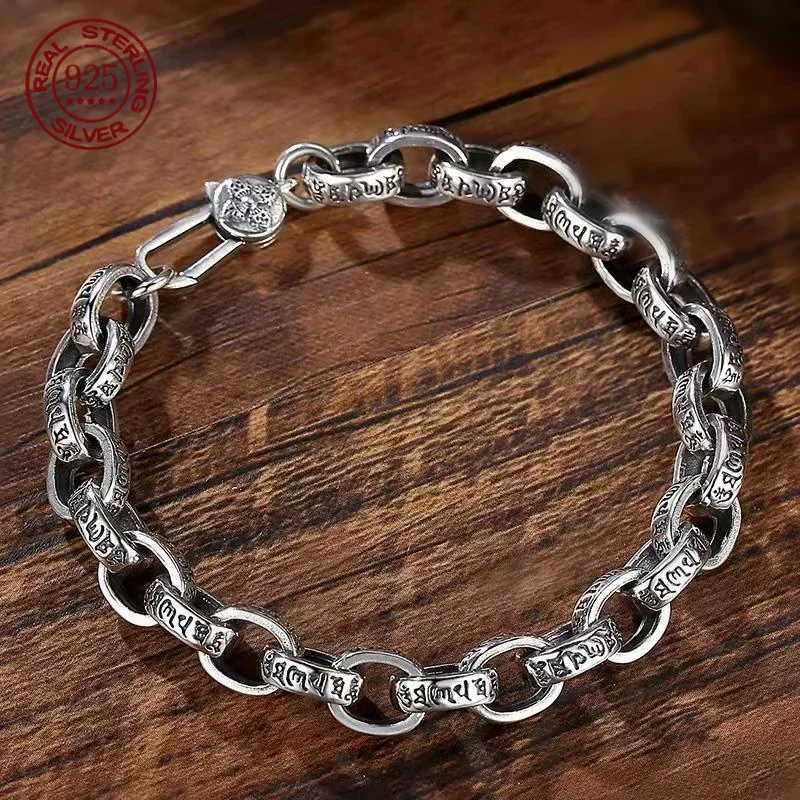 S925 Sterling Silver Logo Bracelet Biker Punk Rock Chain Chrome Retro ...