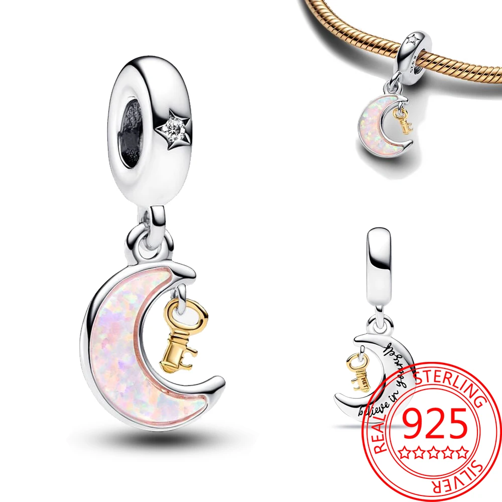 Elegant-925-Sterling-Silver-Two-Tone-Key-Moon-Dangle-Charm-Fit-Pandora ...