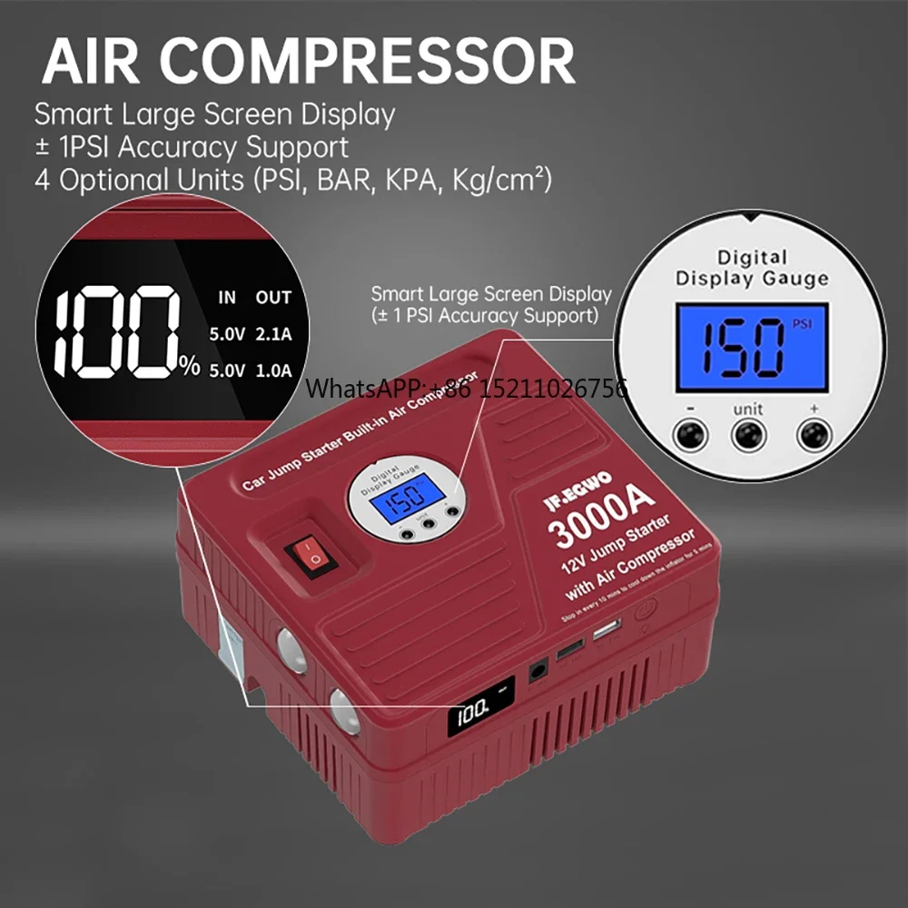 Auto emergency kit air-compressors 12v 3000 Amps peak car jumper jump ...