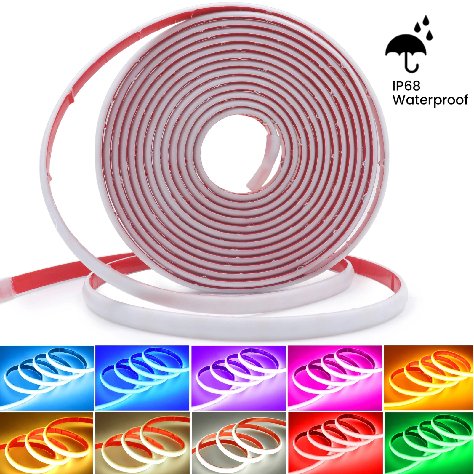 IP68 Waterproof COB LED Strip Light 12V High Bright 320LEDs/M Red Blue ...