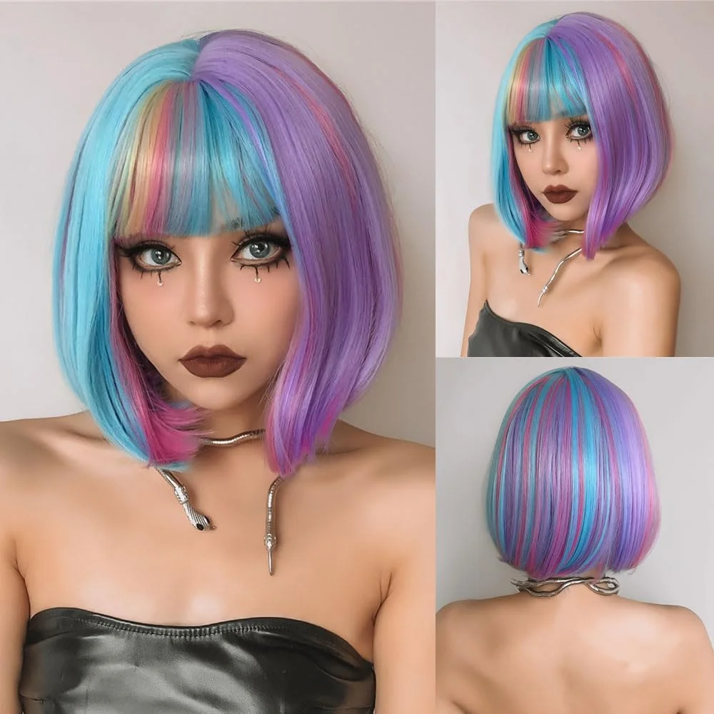 Rainbow Wigs for Women Short Straight Wig with Bangs Bob Colorful Wig Shoulder Length Multicolor ...