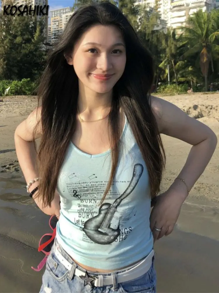 Summer Y2k Aesthetic All Match Slim Guitar Print Tank Tops Women Preppy ...