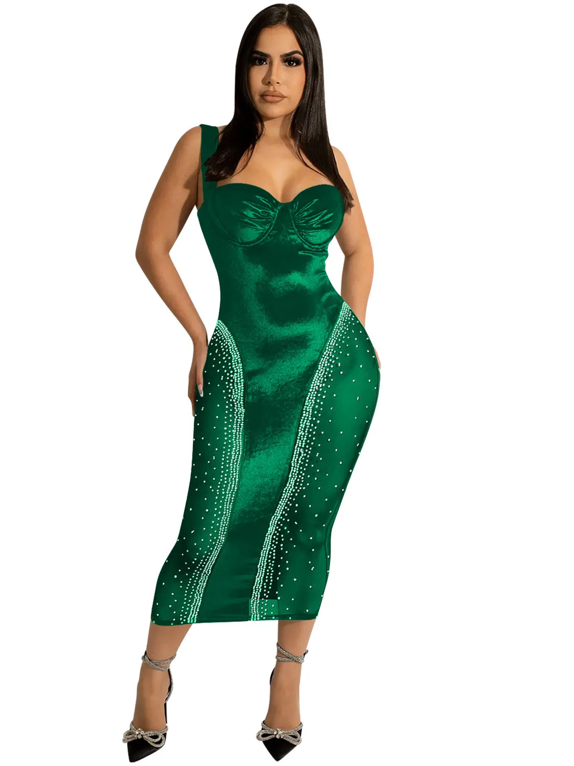 Sexy Mesh Sheer Rhinestone Bodycon Long Dress Spaghetti Strap See ...