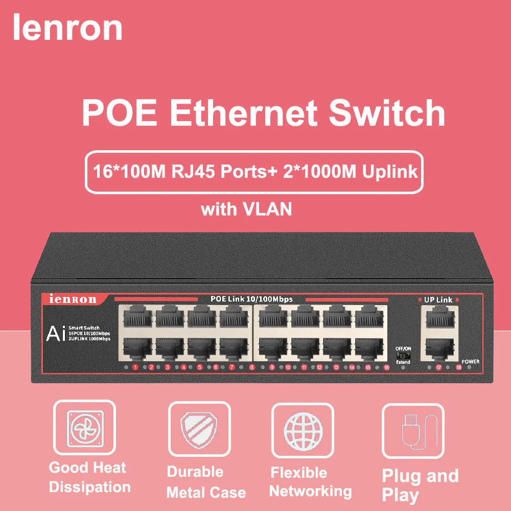 POE Gigabit Switch 18 ports 100Mbps POE+1000Mbps Uplink Ethernet Switch ...