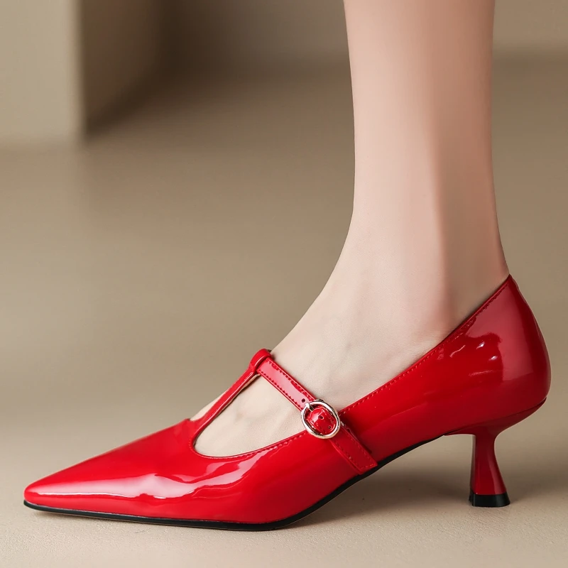 Genuine-Leather-Medium-Heels-Pumps-Shoes-Woman-Black-Nude-Red-Short ...