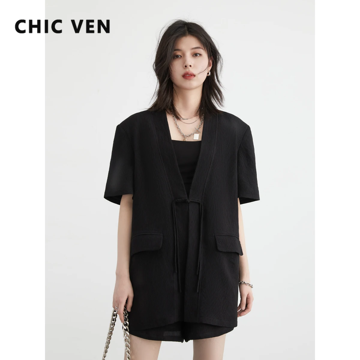 CHIC-VEN-Women-Blazer-Black-Solid-Short-Sleeve-New-Chinese-Frog-Ladies ...