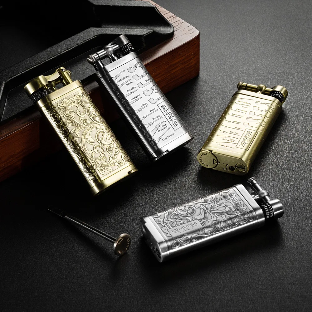 Cigar Lighters Cigar Drill Pipe Lighter Press Bronze Antique Silver ...