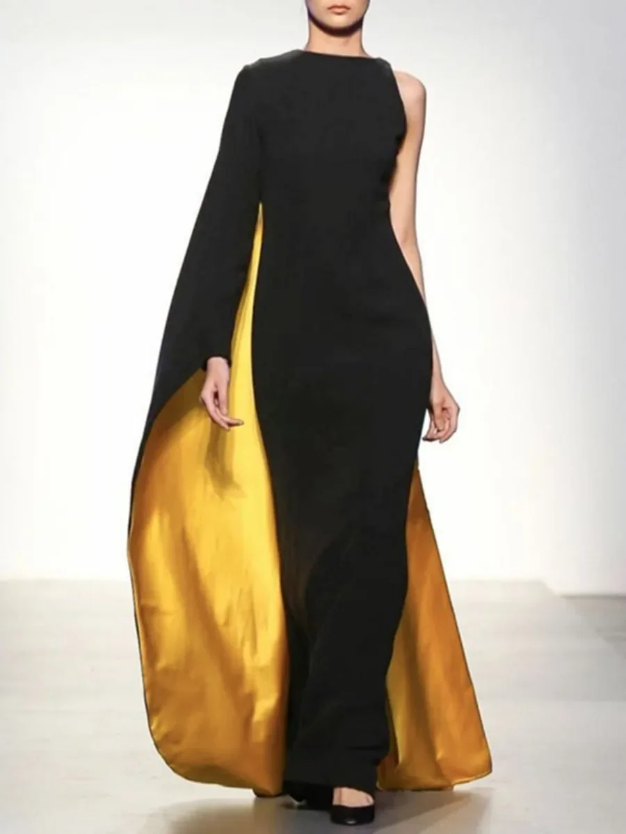 Onecozyday Women's Contrast Color One-shoulder Maxi Dress Black & Gold ...