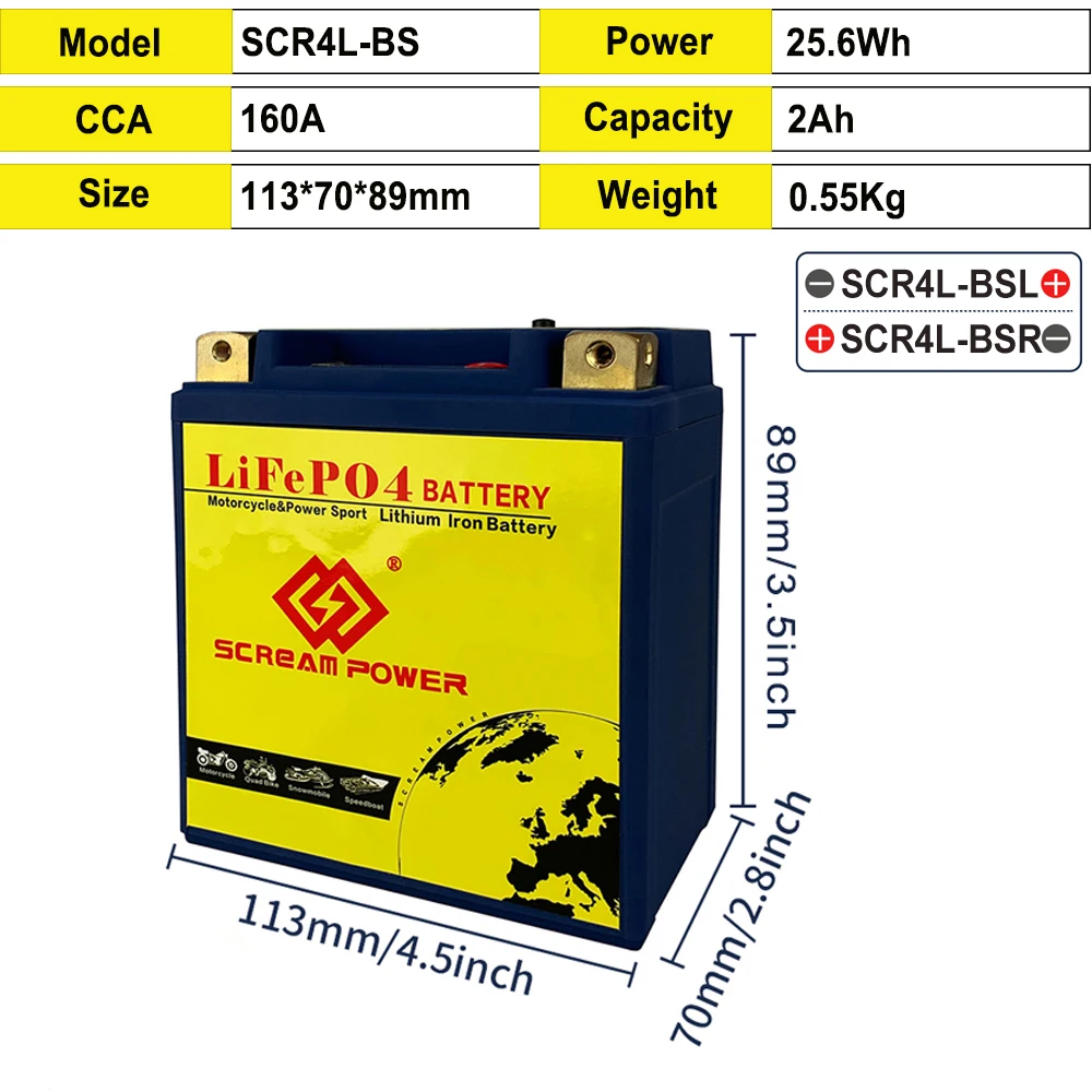 Scr4L-BS-12V-2Ah-Motorcycle-Starter-Battery-CCA-160A-Powersport-Lithium ...
