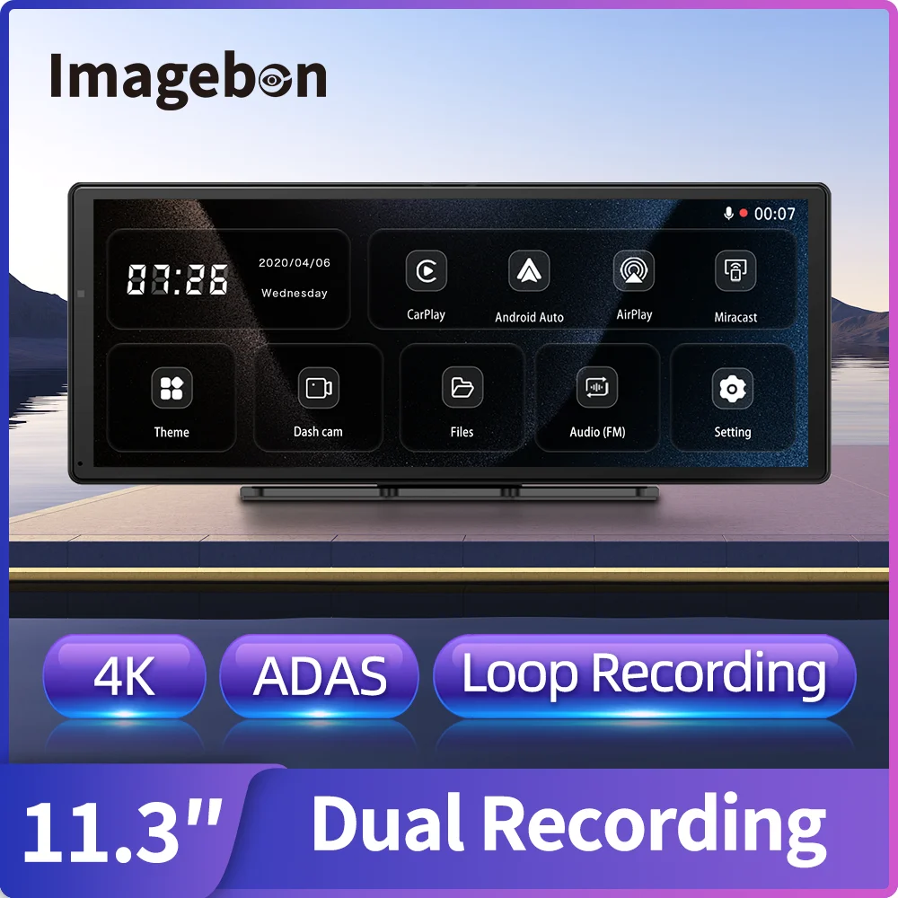 Imagebon H60 Pro 11.3인치 4K ADAS 대시 카메라 무선 CarPlay 및 Android 자동 듀얼 녹화 야간 ...