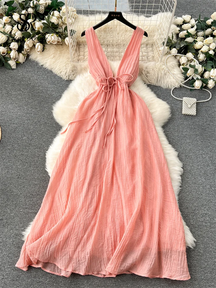 Singreiny French Gentle Holiday Long Dress Summer Deep V Neck Bandage A