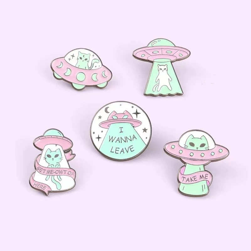 Get Me Owt Of Here Ufo Enamel Pins Take Off Now Spaceship Alien Green Cat Brooches Lapel Bag Pin ...