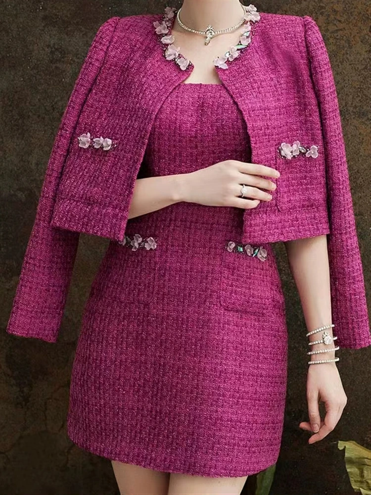 2-Piece-Sets-Womens-Outfits-Solid-Purple-Blend-Tweed-Winter-Clothing ...