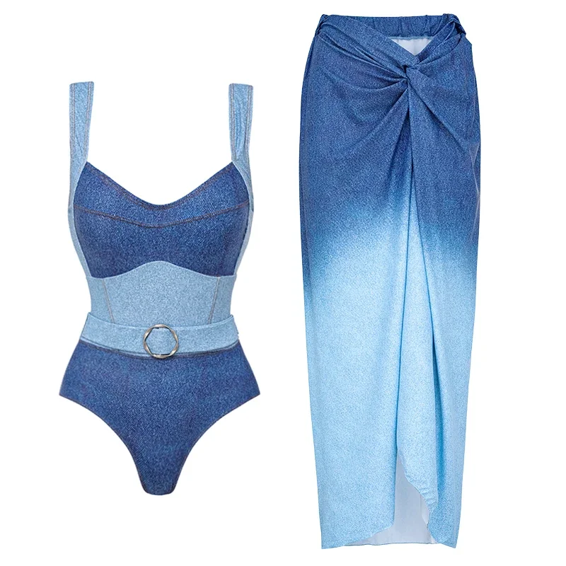 2024-Denim-Printed-One-Piece-Swimsuit-and-Skirt-Vacation-Swimwear-Women ...