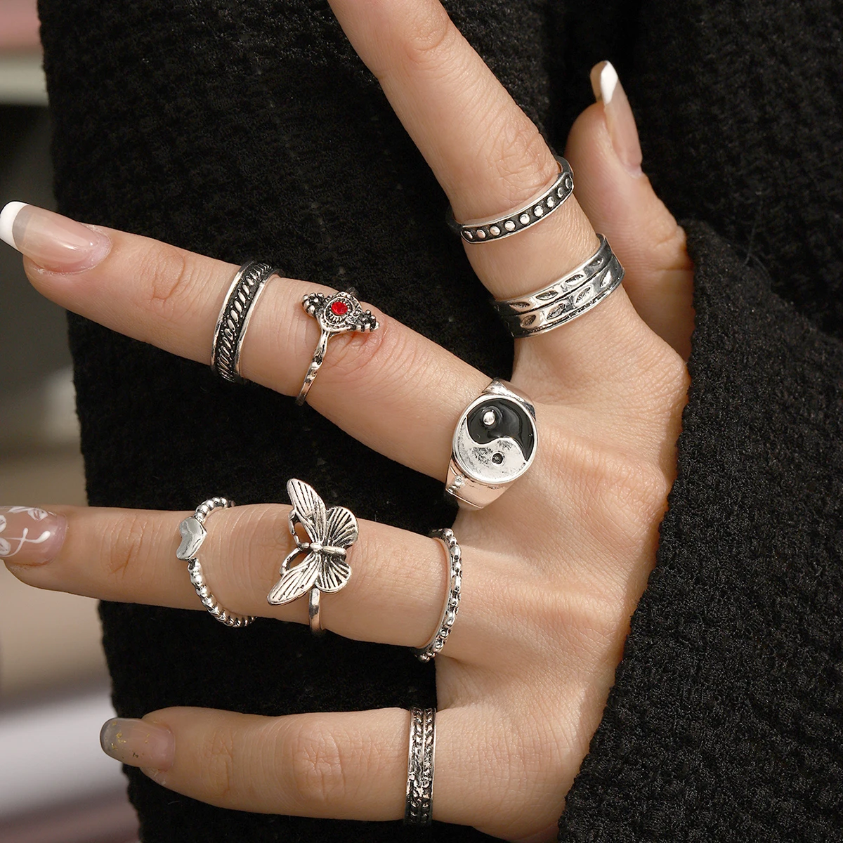 9PCS-Vintage-Silver-Tai-Chi-Snake-Butterfly-Pendant-Ring-Set-Women-s ...