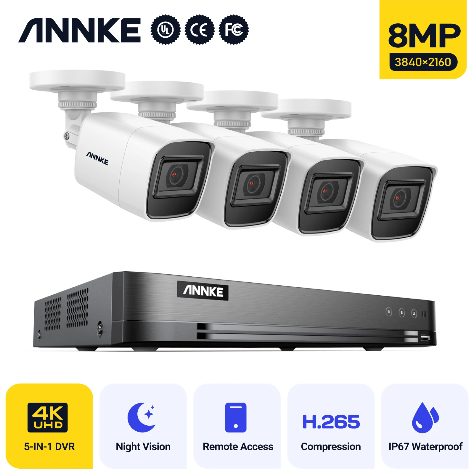 ANNKE 4K Ultra HD Video Surveillance Camera System 8CH 8MP H.265 DVR With 4PCS 8MP Outdoor ...