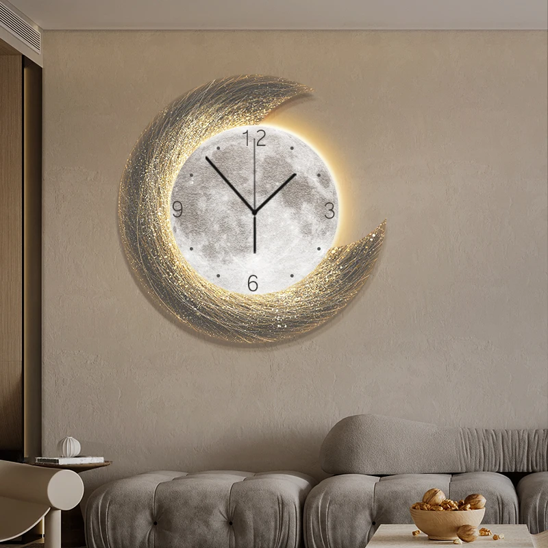 Moon Phase Wall Clock With Built-in LED Light Modern Silent Living Room ...