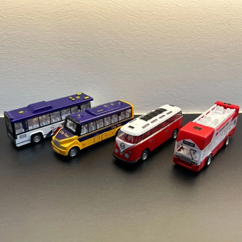 4pcs Alloy Diecast Car Model Set 1:64 Mini City Sightseeing Bus School ...