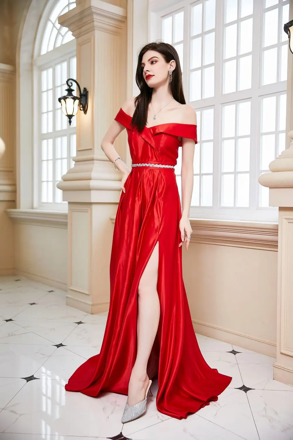 Women's Fashion Off Shoulder A-Line Prom Sexy Backless High Slit Satin Wedding Guest Dress