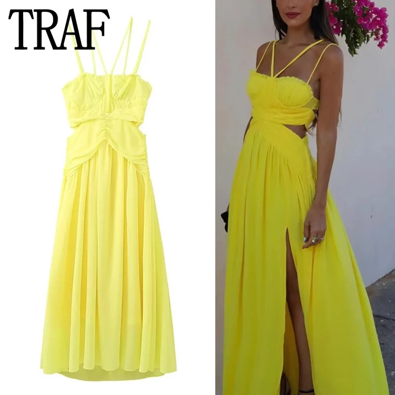 TRAF-Vestido-largo-de-gasa-con-espalda-descubierta-para-mujer-vestidos ...