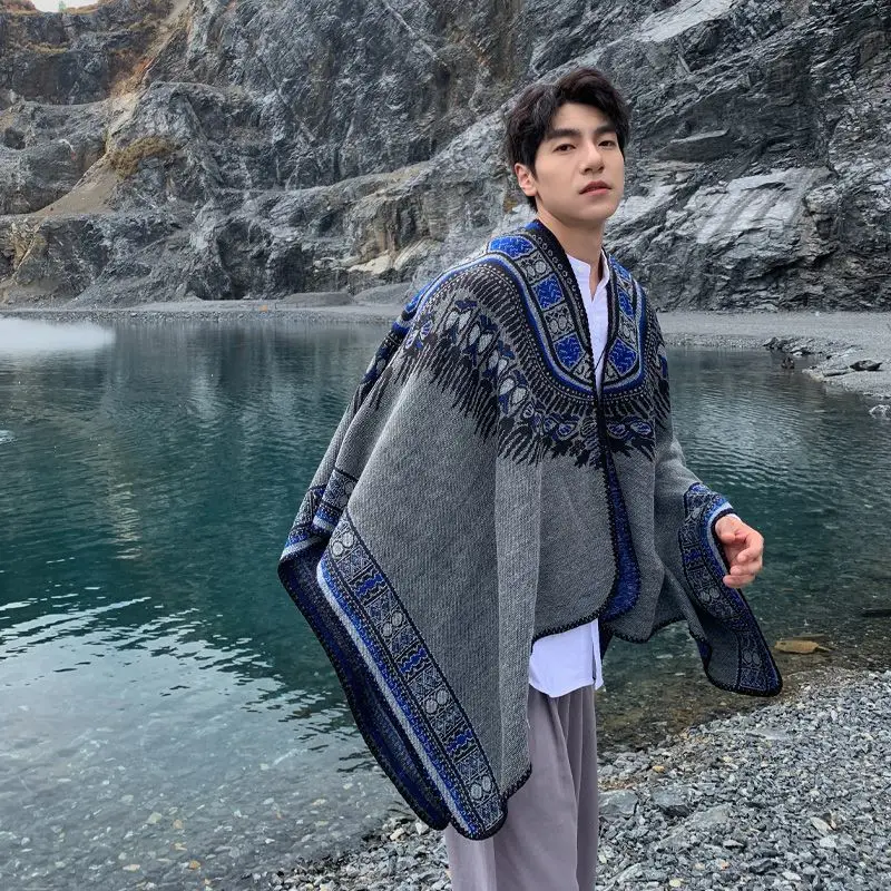 New-Men-Blend-Striped-Scarf-Travel-Slit-Shawl-Ethnic-Style-Thickened ...
