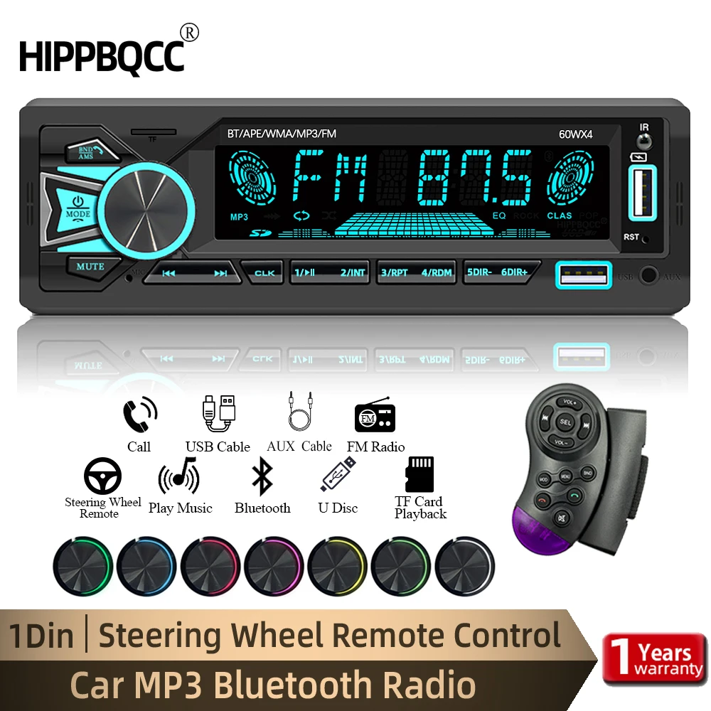 HIPPBQCC-1-Din-Car-Radio-Stereo-MP3-Player-Bluetooth-FM-Receiver-With ...