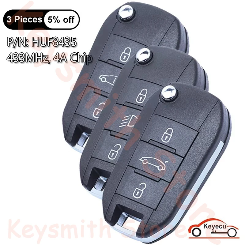 KEYECU 3 Buttons 433MHz 4A Chip for Peugeot 3008 Rifter Expert 2017 ...