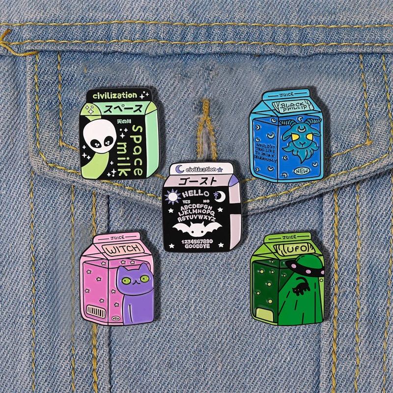 Creative Cartoon Juice Box Enamel Pins Space Milk Alien Witch Cat Bat ...