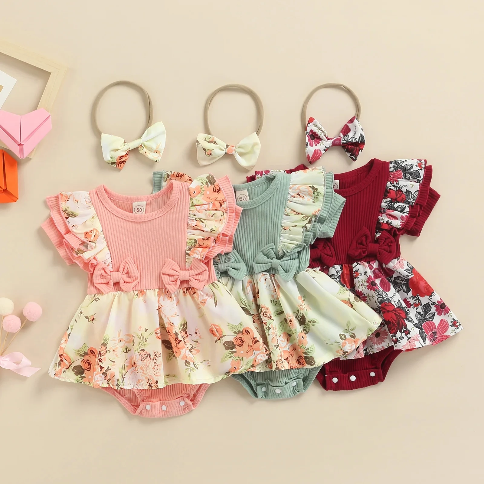 Summer-Infant-Baby-Girls-Dress-Flying-Sleeve-Bodysuit-Bow-Headband ...