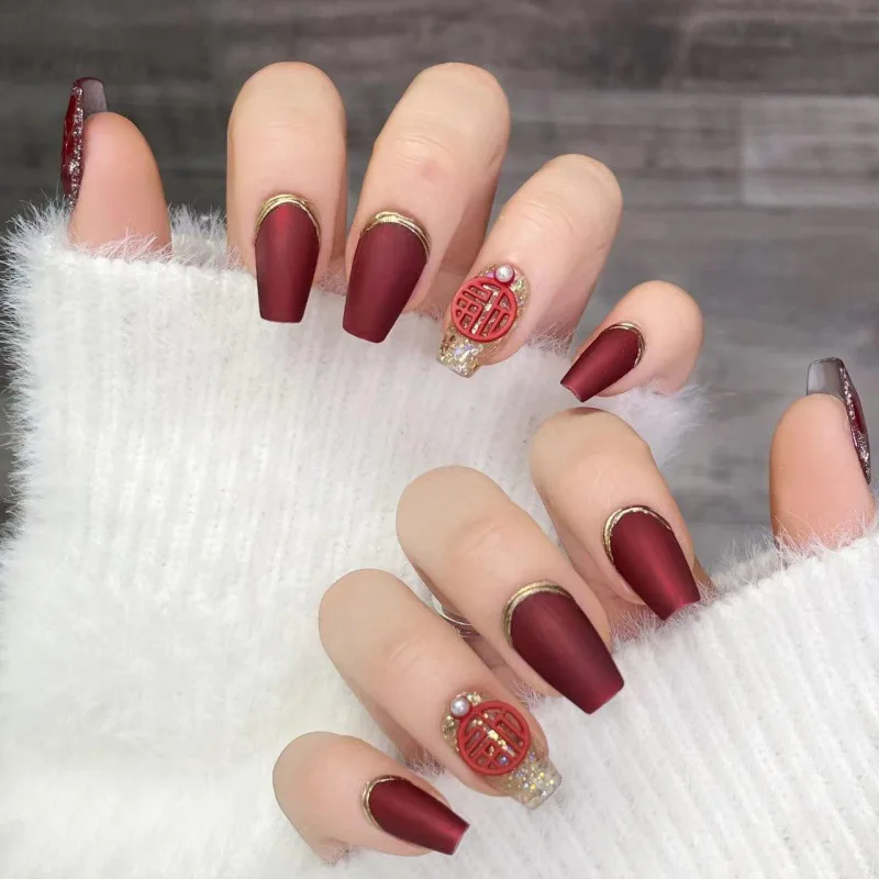 Long Red Handmade Fake Nails Chinese New Year Wealth Designs Full Cover Press on Nails Reusable Square False Nails for Women AliExpress