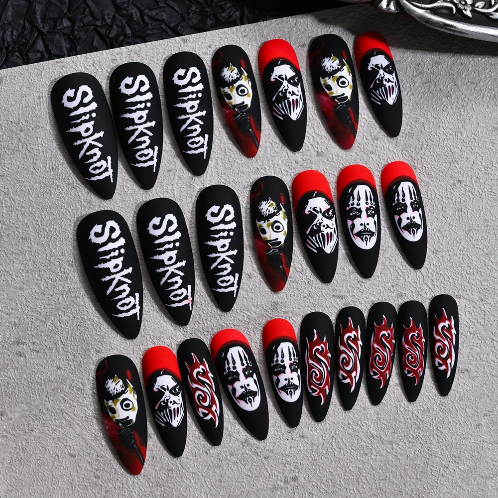 Press-on-Nails-Halloween-Medium-Length-Coffin-Black-Fake-Nails-Scary ...