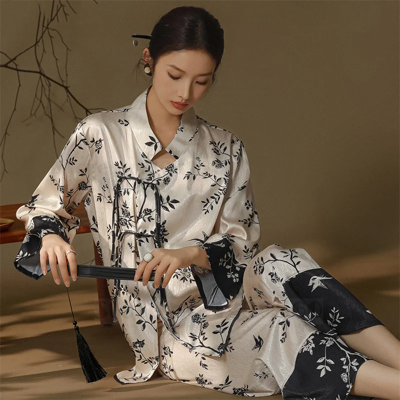 New Chinese Style Pajamas Set Exquisite Retro Jacquard Women Sleepwear ...