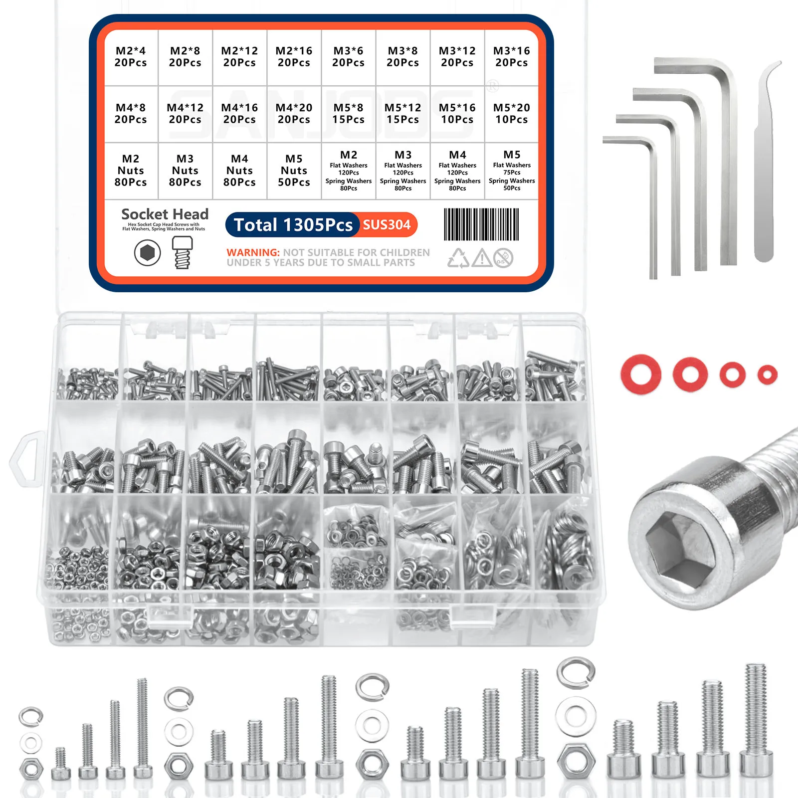 1305Pcs-Metric-Hex-Socket-Head-Cap-Screws-Set-M2-M3-M4-M5-304-Stainless ...