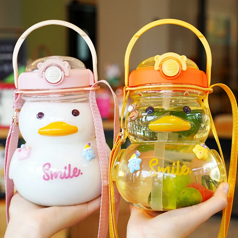 1000ml Cute Duck Water Bottle With Straw For Girls Kids Milk Bottle ...