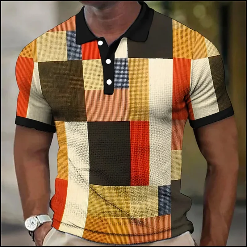 Vintage Graphic Polo Shirt For Men Splicing Colorful Grid 3D Printed ...