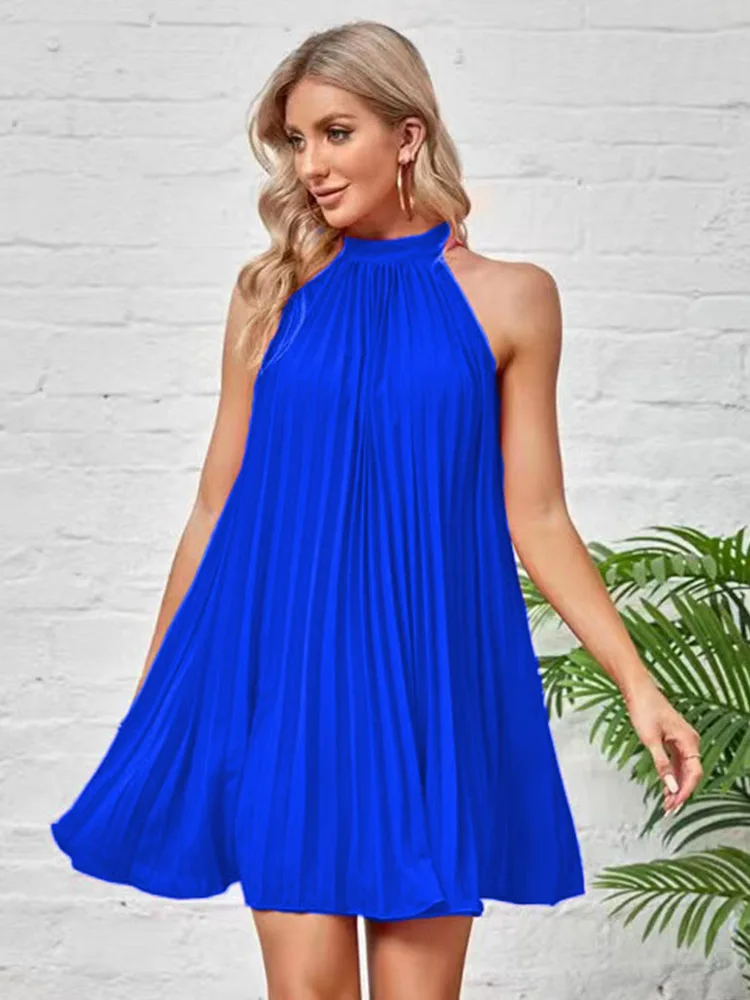 Mini robe plissée à lacets pour femme, robe courte monochromatique, col ...