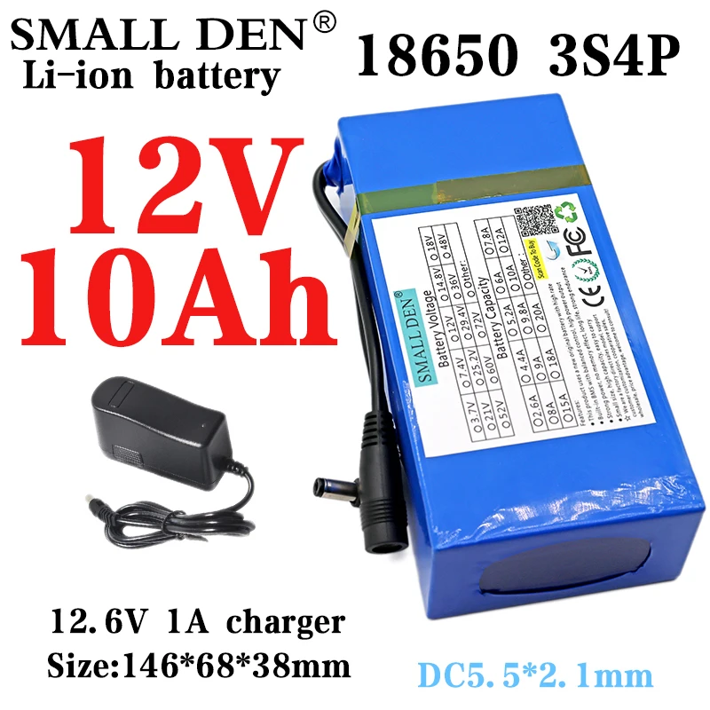 100% 휴대용 리튬 이온 배터리 팩, DC 12.6V 10Ah 배터리, EU 플러그, 12.6V 1A 충전기, DC 버스 헤드 와이어, 12V 10000mAh, 신제품 ...