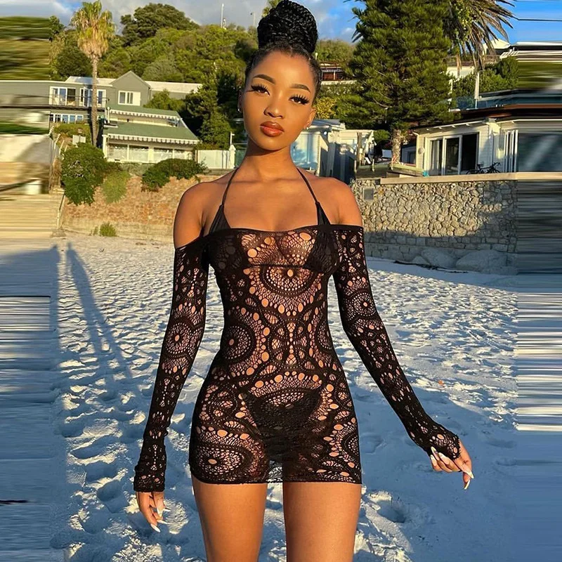 Hollow Out Lace Beach Dress See Through High Stretch Off The Shoulder