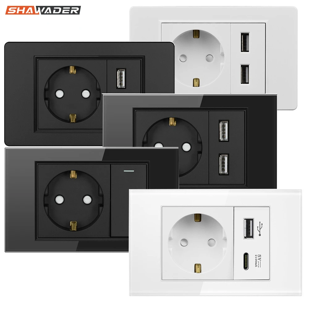 EU-Germany-Plug-Socket-Power-Pressure-Switch-Wall-USB-Type-C-Tempered ...