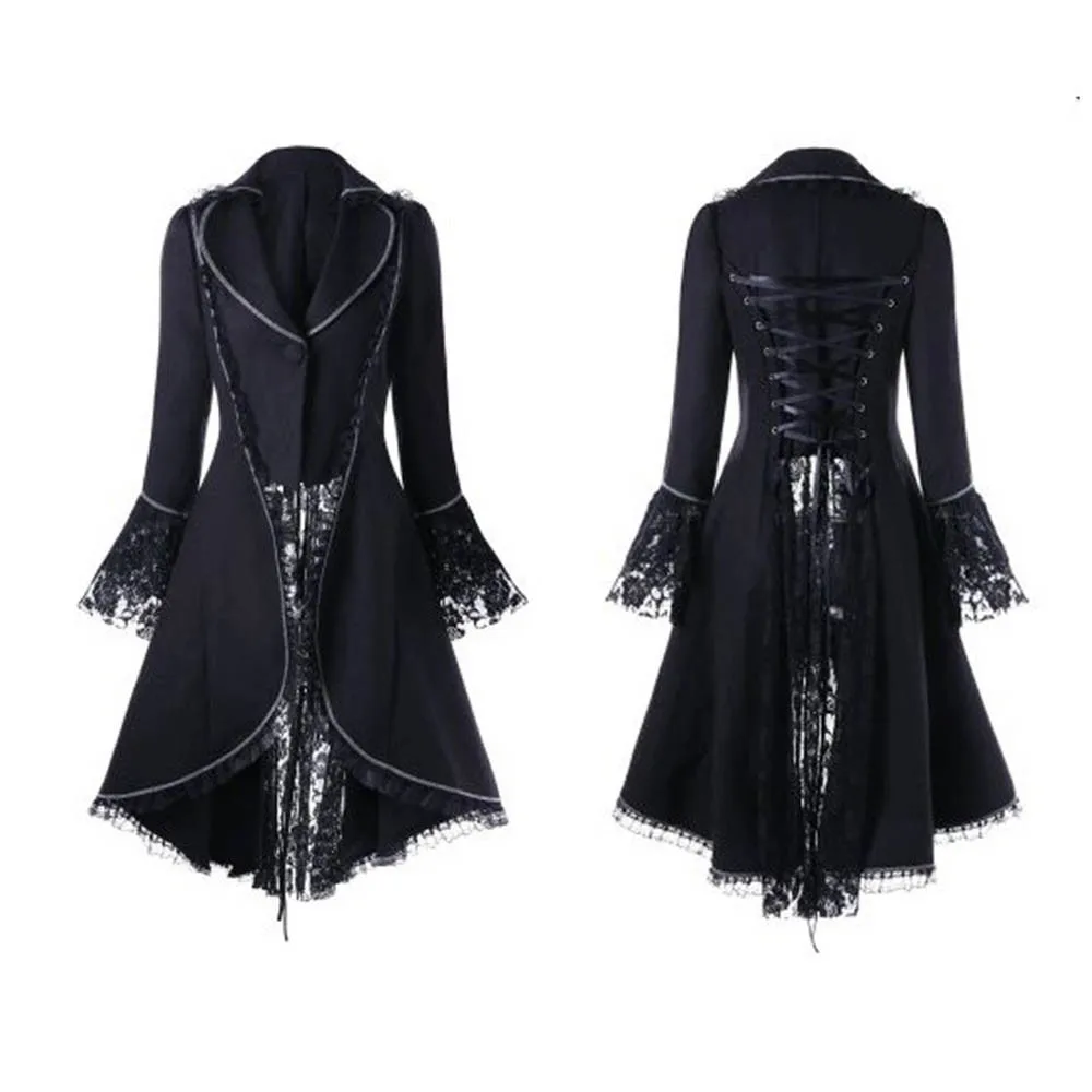 Women-Lace-Trim-Lace-up-High-Low-Coat-Black-Steampunk-Victorian-Style ...