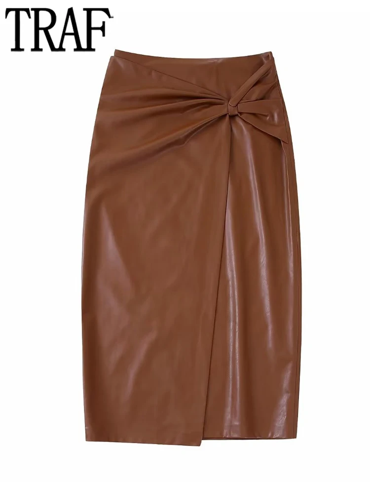 TRAF Faux Leather Skirt Women Brown Pleated Long Skirts for Women Autumn High Waist Midi Skirts ...
